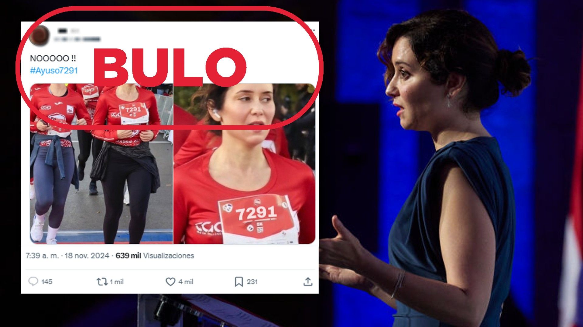 Esta foto de Isabel Díaz Ayuso con el dorsal 7291 está manipulada